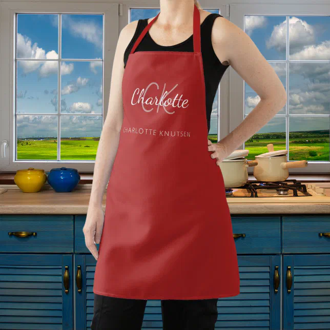 Red classic monogram name business apron | Zazzle