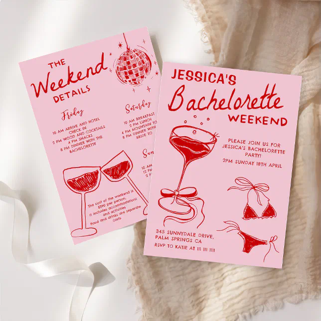 Red Cocktail Bachelorette Weekend Itinerary Party Invitation | Zazzle