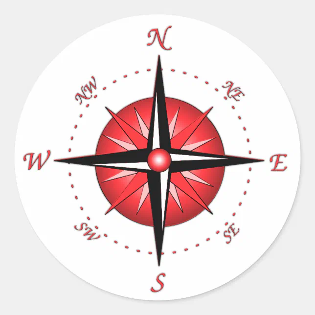 Red Compass Rose Classic Round Sticker | Zazzle