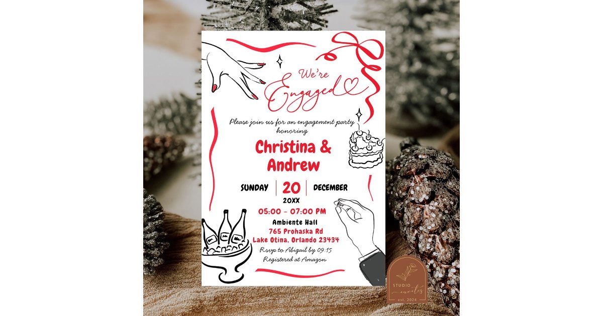 Red Coquette Hand Drawn Engagement Party Invitation | Zazzle