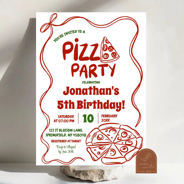 Red Coquette Pizza Party Kids Birthday Invitation | Zazzle
