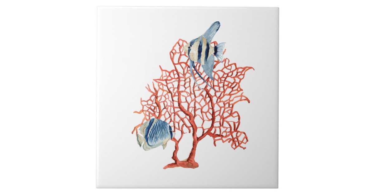 Red Coral with Tropical Fish, Angelfish Watercolor Ceramic Tile | Zazzle