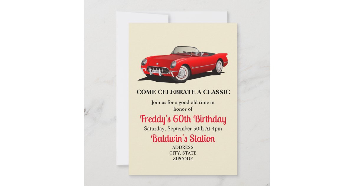 Red corvette, classic birthday, Corvette birthday Invitation | Zazzle