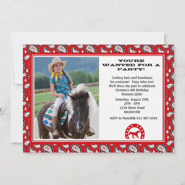 Red Cowboy Bandana Photo Invitation | Zazzle