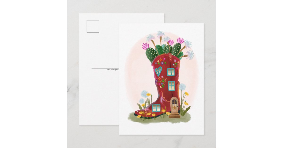 Red Cowboy Boot and Cactus Postcard | Zazzle