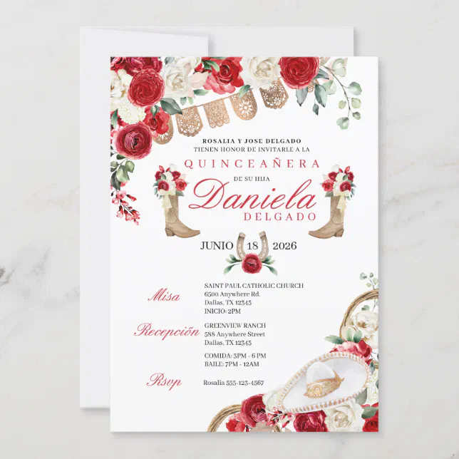 Red Cowgirl Boots & Ropes Mariachi Quinceañera Invitation | Zazzle