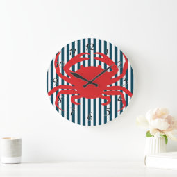 Red Crab on Nautical Stripes Large Clock | Zazzle