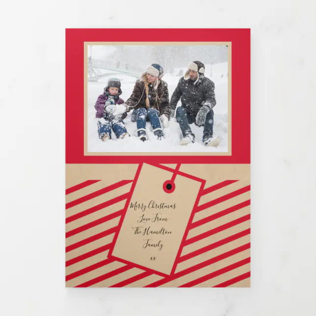 Red Craft Paper Photo Personalized Christmas Tri-Fold Holiday Card | Zazzle