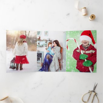 Red Craft Paper Photo Personalized Christmas Tri-Fold Holiday Card | Zazzle