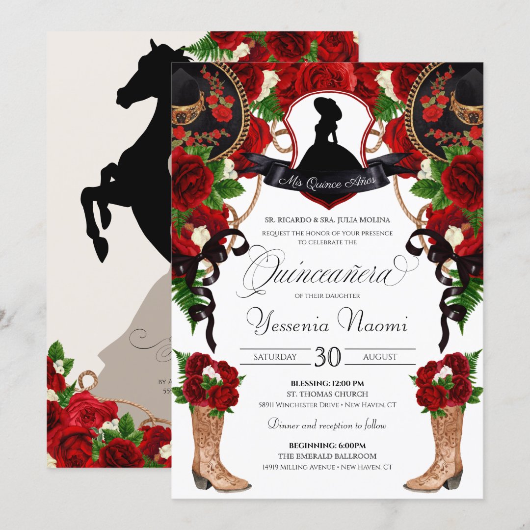 Red Crest Charro Western Roses Floral Quinceanera Invitation | Zazzle