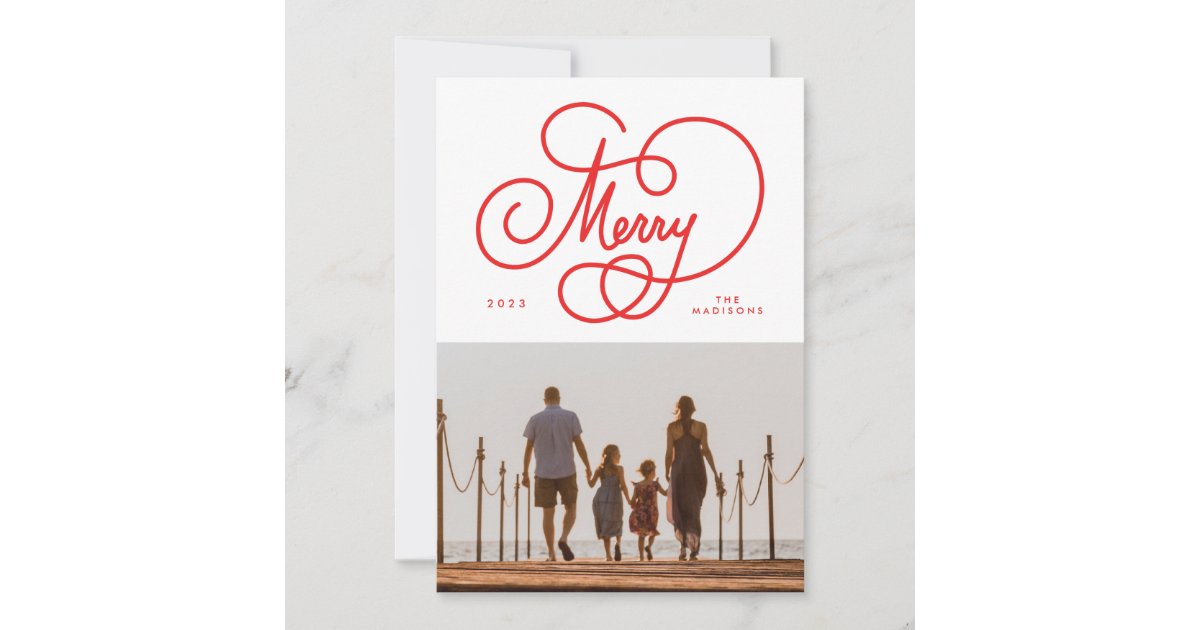 Red Cursive Script Merry Flourish Photo Holiday Card | Zazzle