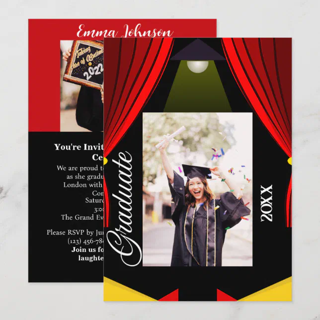 Red Curtain Black & Yellow Photo Graduation Grad Invitation | Zazzle