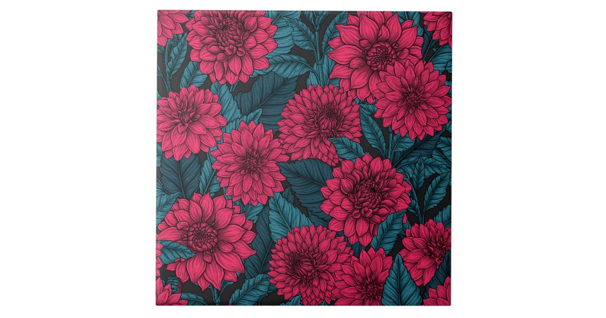 Red Dahlia garden/blue leaves Ceramic Tile | Zazzle