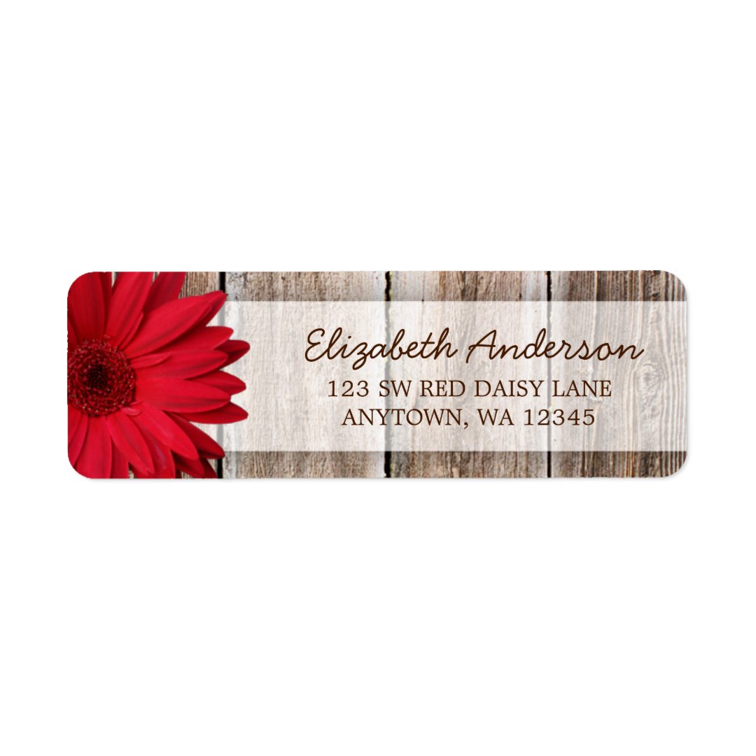 Red Daisy Rustic Barn Wood Address Labels | Zazzle