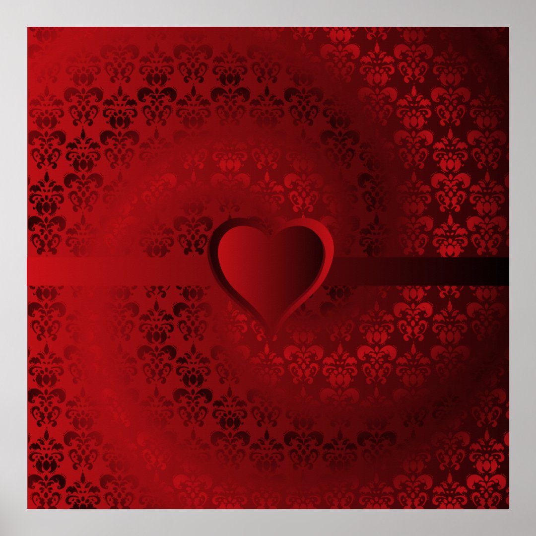 Red damask heart poster | Zazzle