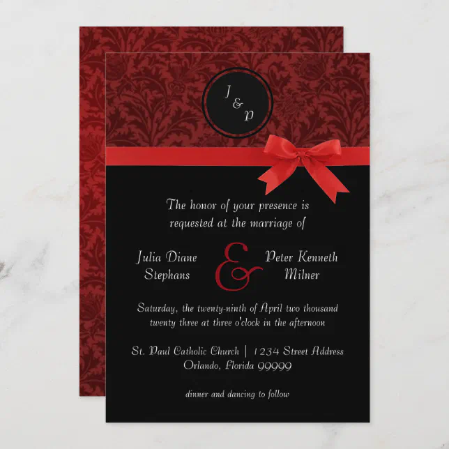 Red Damask & Red Bow - Wedding Invitation | Zazzle