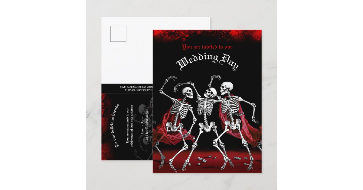 Red Death Dancing Skeletons Gothic Wedding Invitation Postcard | Zazzle