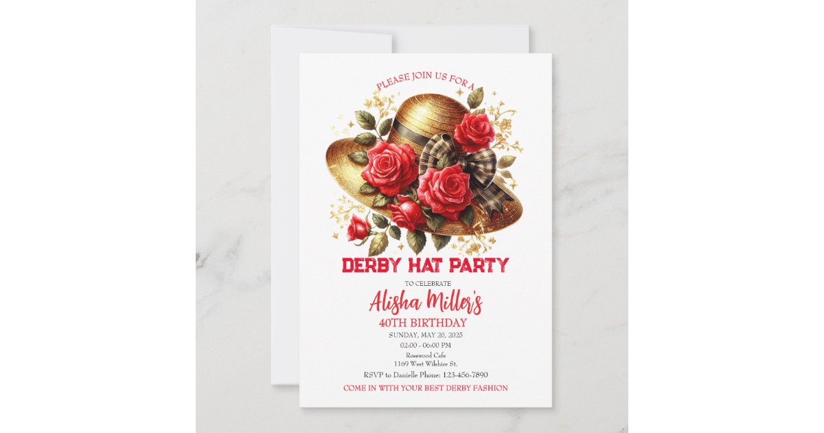 Red Derby Hat Roses Birthday Party Invitation | Zazzle