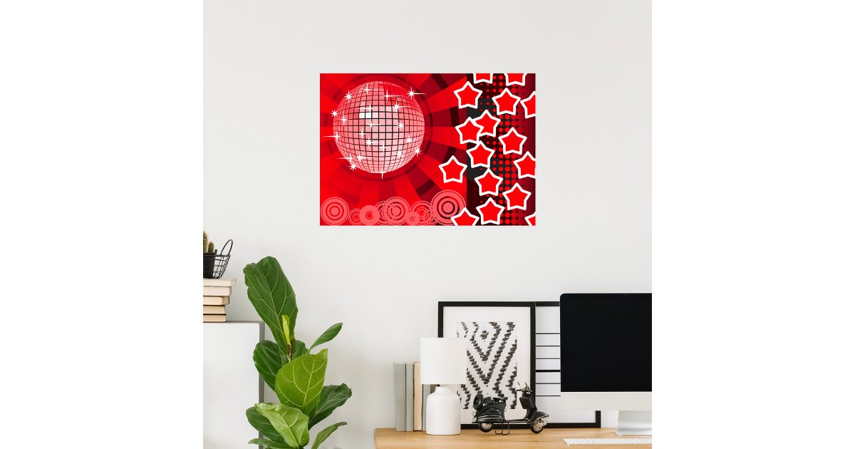 Red Disco Party Theme with Stars and Glitter Ball Poster | Zazzle