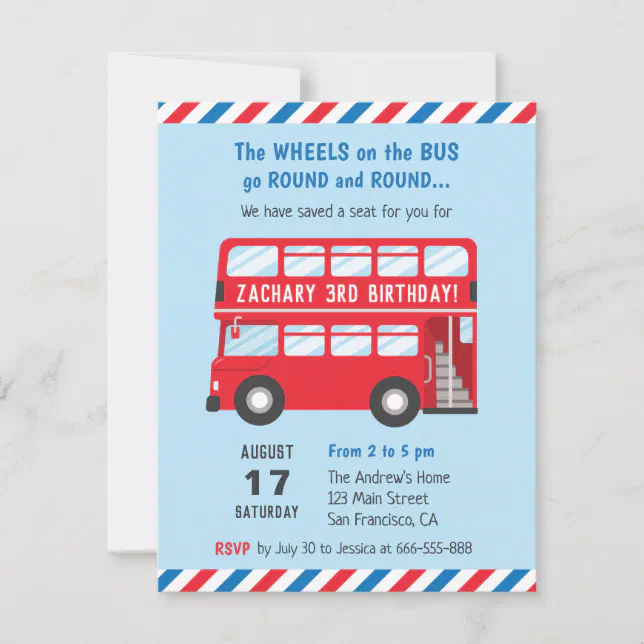 Red Double Deck London Bus Kids Party Invitations | Zazzle