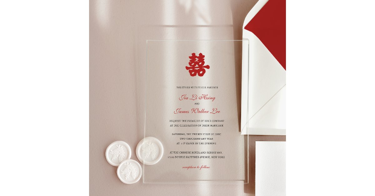 RED Double Happiness Chinese calligraphy asian Acrylic Invitations | Zazzle