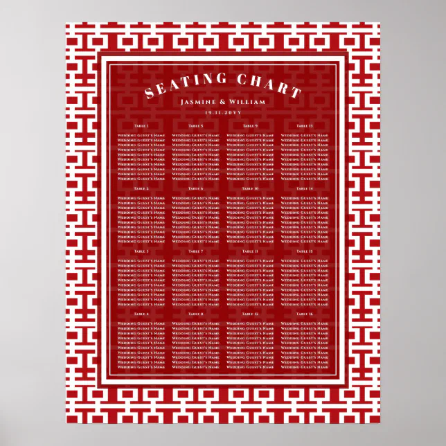 Red Double Happiness Chinese Wedding Seating Chart | Zazzle