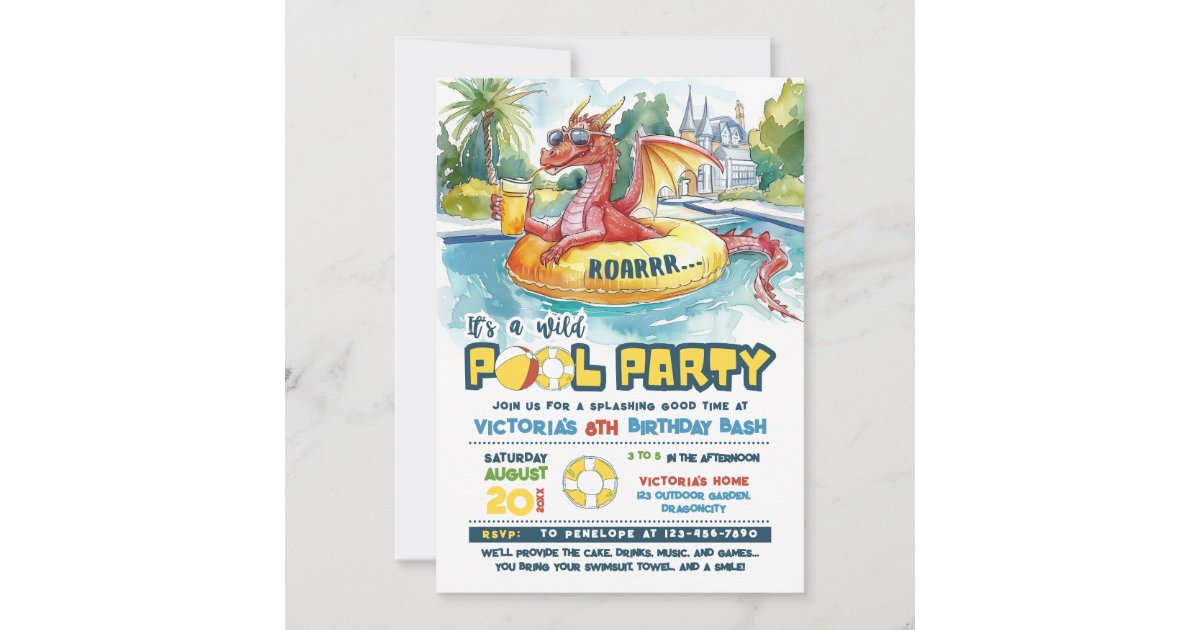 Red Dragon Pool Party Birthday Invitation | Zazzle