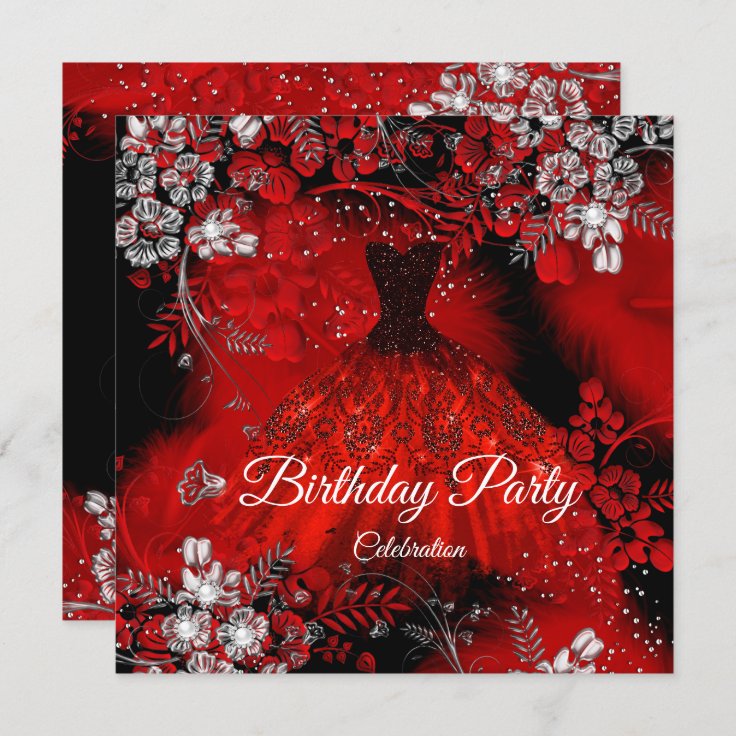 Red Dress Feathers Silver Birthday Party Invitation | Zazzle