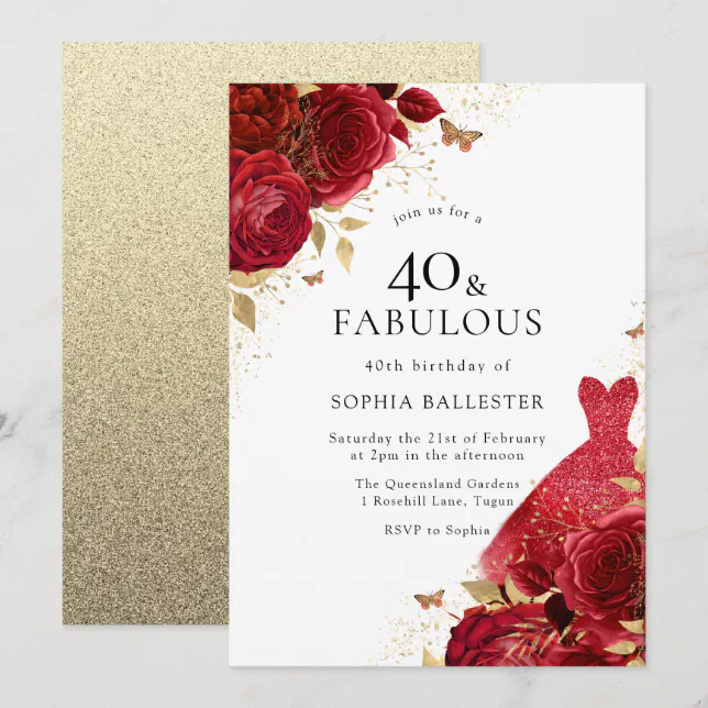 Red Dress & Roses Gold Glitter 40th Birthday Invitation | Zazzle