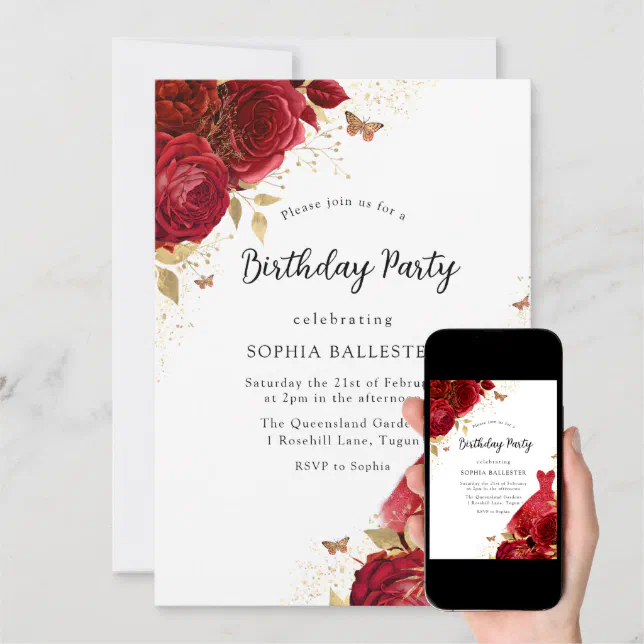 Red Dress & Roses Gold Glitter Birthday Party Invitation | Zazzle