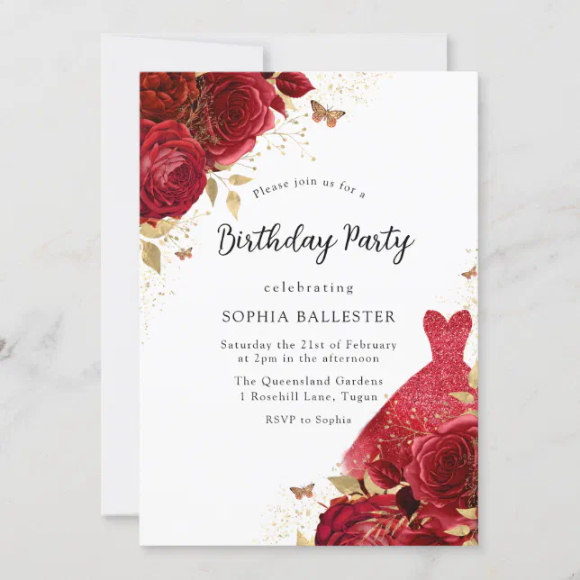 Red Dress & Roses Gold Glitter Birthday Party Invitation | Zazzle