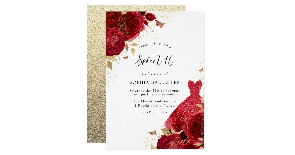 Red Dress & Roses Gold Glitter sweet 16 Invitation | Zazzle.com