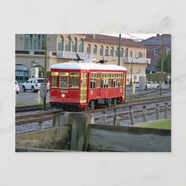 Red electric streetcar on tracks postcard | Zazzle