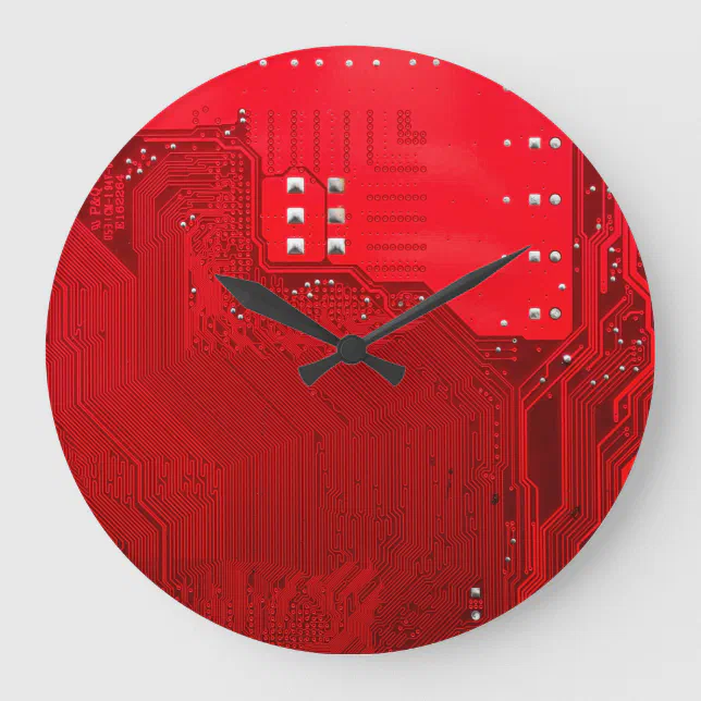 red electronic circuit motherboard pattern texture large clock | Zazzle