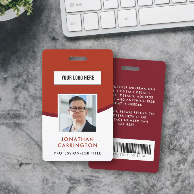 Red Employee ID Logo Photo Barcode Badge | Zazzle