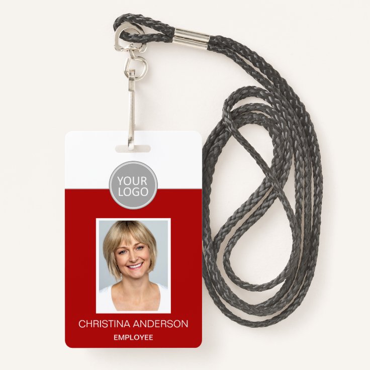 Red Employee Name Logo Photo Corporate Work Badge | Zazzle