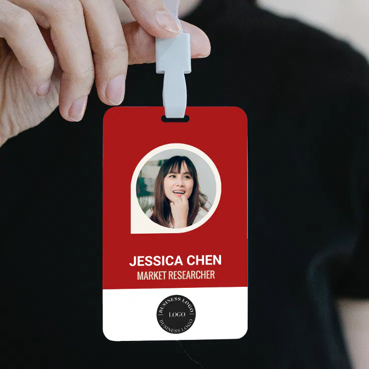 Red Employee Photo ID Card, Bar Code, Logo, Name Badge | Zazzle