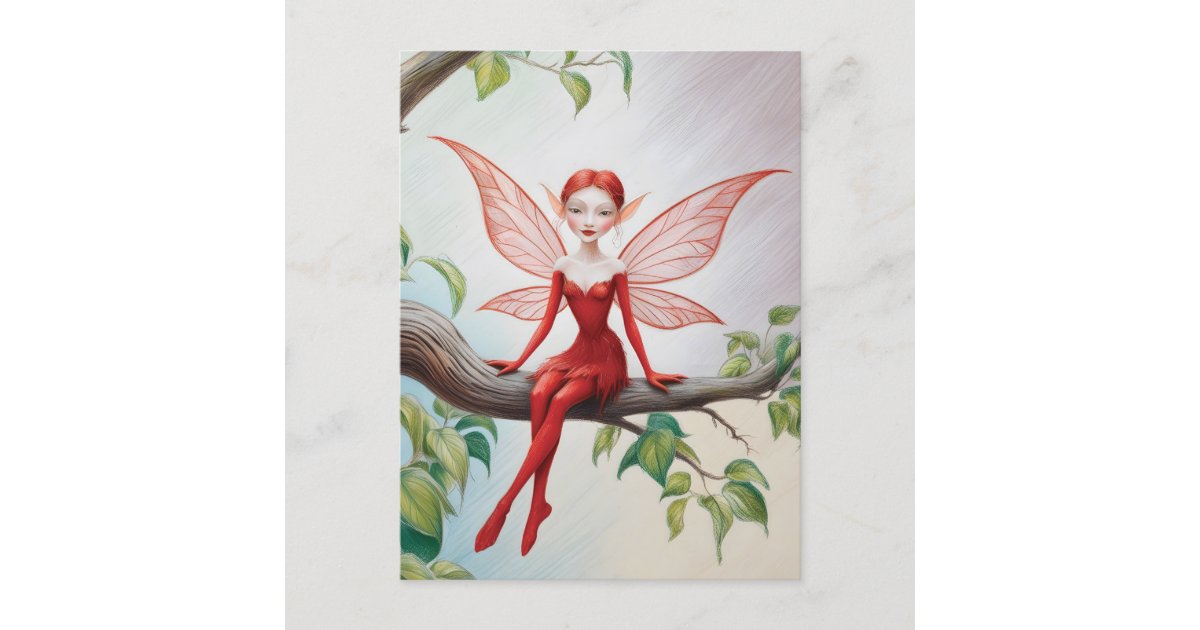 Red Fairy on a Limb Colored Pencil Sketch Postcard | Zazzle