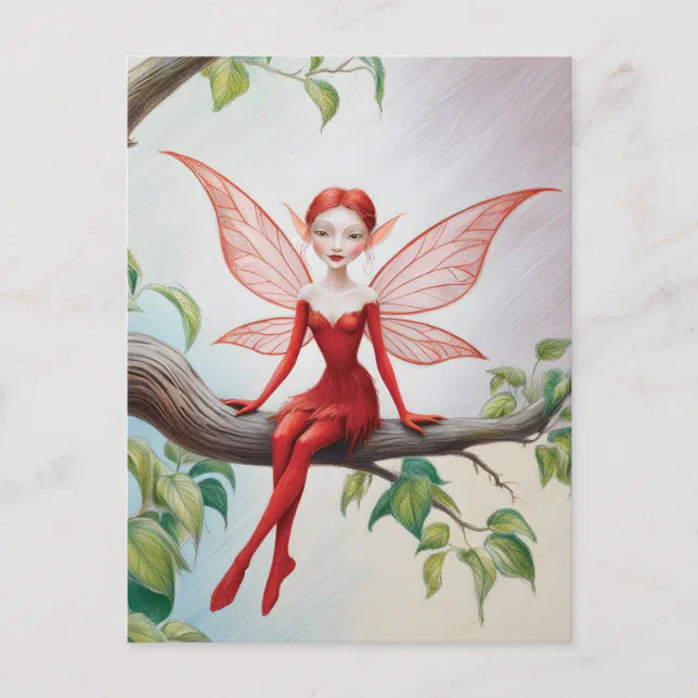Red Fairy on a Limb Colored Pencil Sketch Postcard | Zazzle