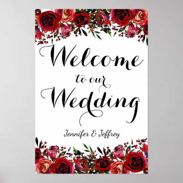 Red Fall Autumn Floral Wedding Welcome Sign | Zazzle
