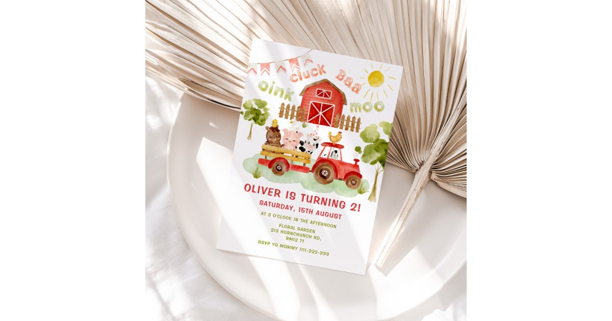 Red Farm animals 2nd birthday party Invitation | Zazzle