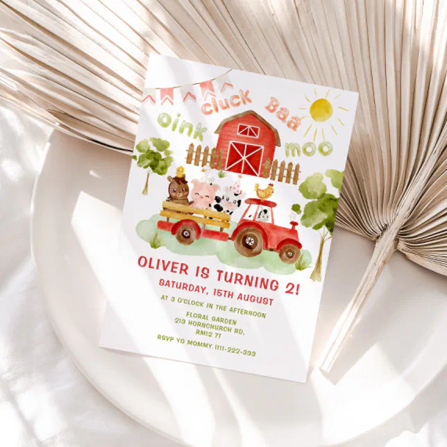 Red Farm animals 2nd birthday party Invitation | Zazzle