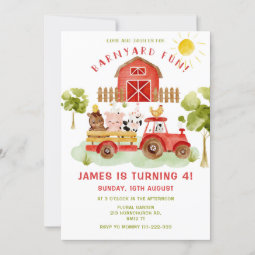 Red Farm animals 4th birthday party Invitation | Zazzle