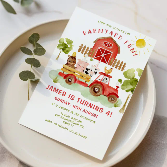 Red Farm animals 4th birthday party Invitation | Zazzle