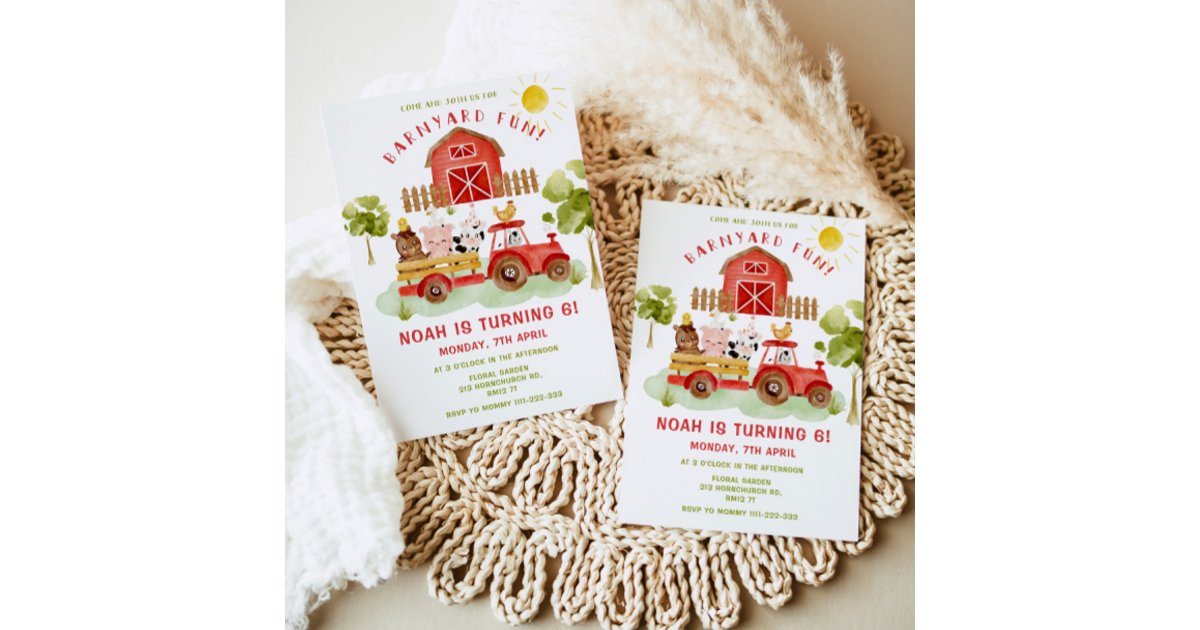 Red Farm animals 6th birthday party Invitation | Zazzle