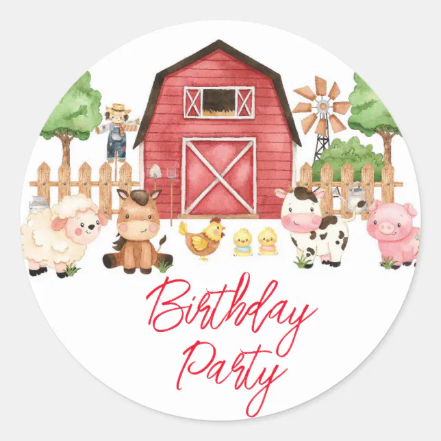 Red Farm Animals Birthday Party Classic Round Sticker | Zazzle