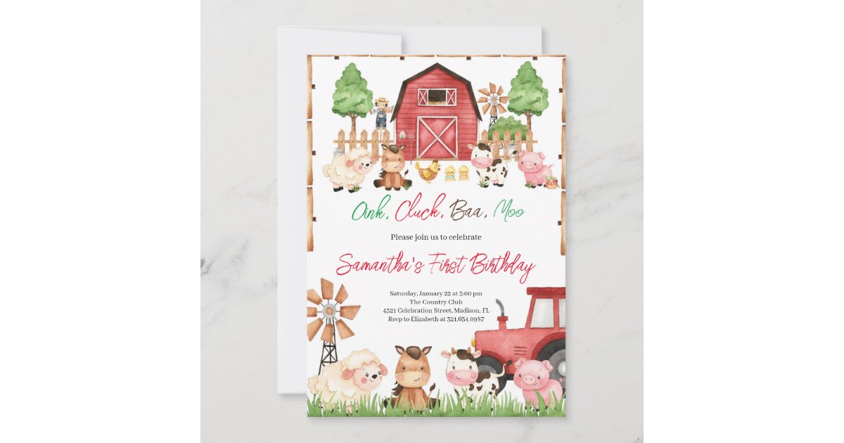 Red Farm Animals Birthday Party Invitation | Zazzle