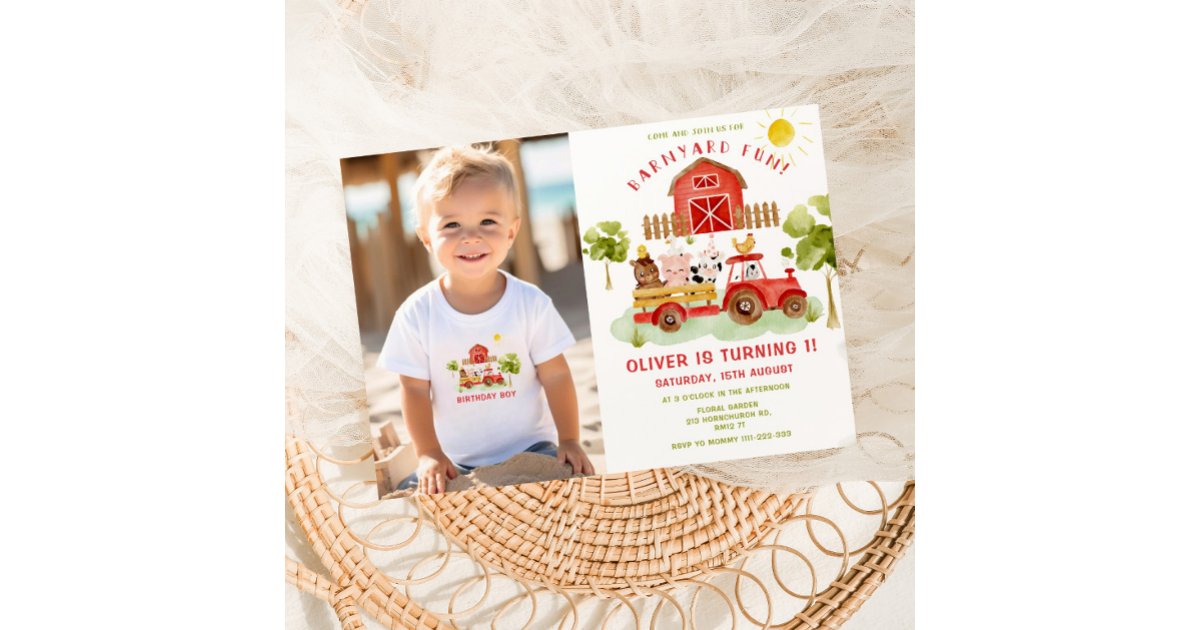 Red farm animals Red tractor boy birthday photo Invitation | Zazzle