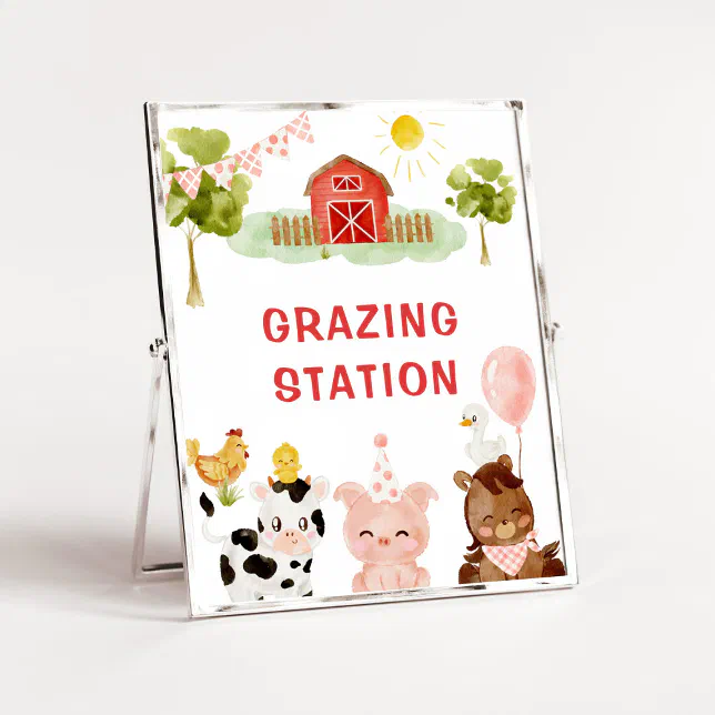 Red farm barnyard grazing station birthday poster | Zazzle