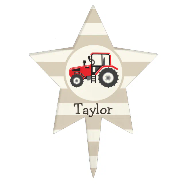 Red Farm Tractor on Tan Stripes Cake Topper | Zazzle